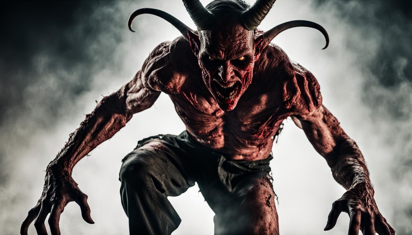 A disfigured, nightmarish demonic evil scary figure lunges toward the ...