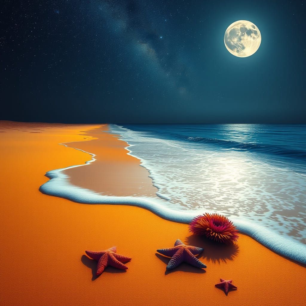Moonlit Beachscape with Shimmering Light and Vibra... - AI Art