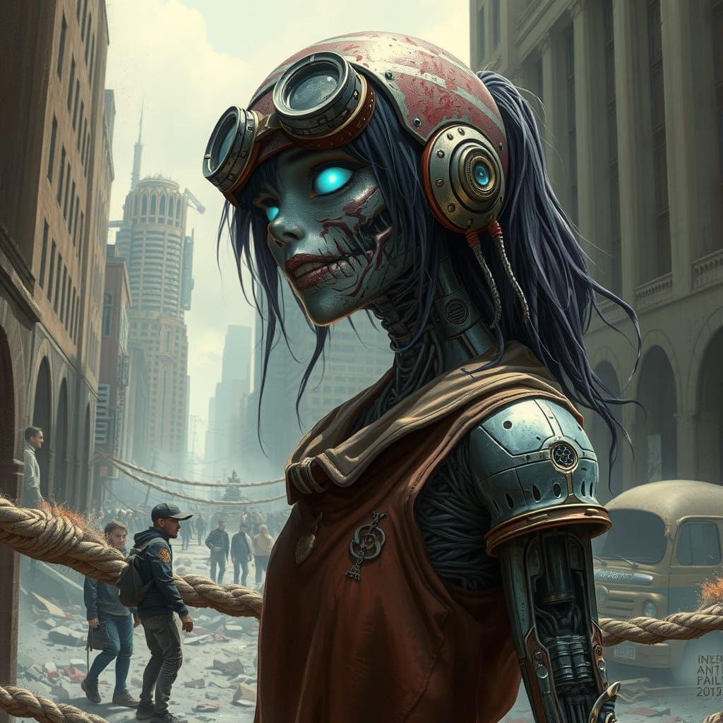 Cyborg Zombie Girl in Postapocalyptic Ruins - AI Art