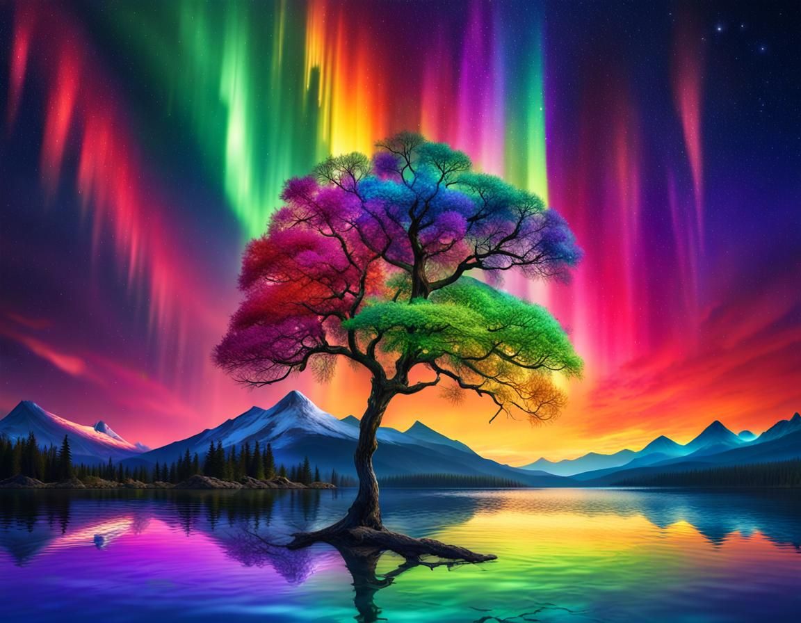 rainbow tree on the lake - AI Generated Artwork - NightCafe Creator