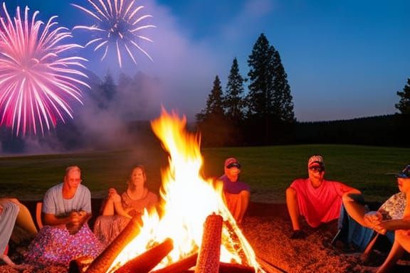 Campfire with Fourth of July fireworks in the background - AI Generated Artwork - NightCafe Creator