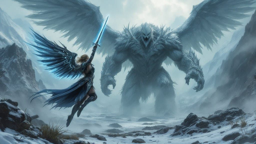 Cyberpunk Valkyrie Battles Frost Giant in Nordic L... - AI Art