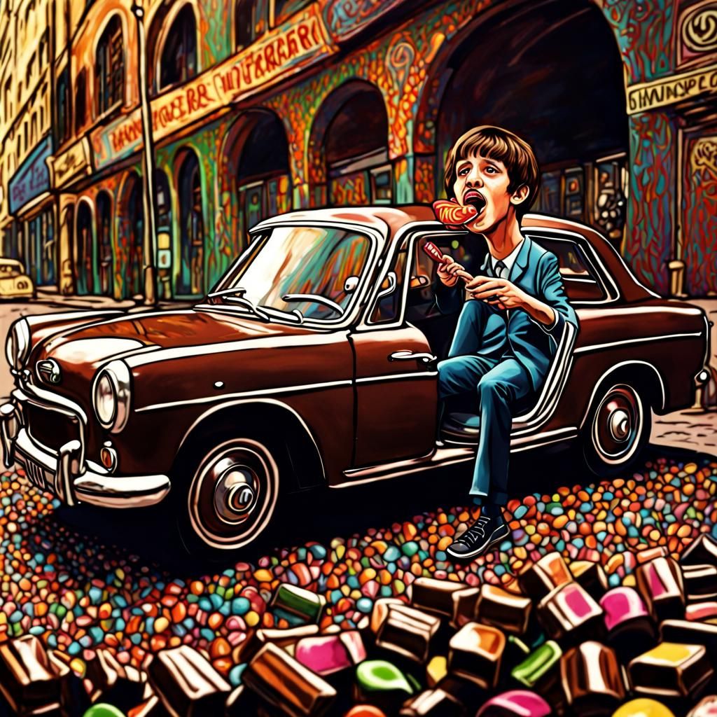 Ringo Starr in a car eating a candy bar - AI Generated Artwork ...
