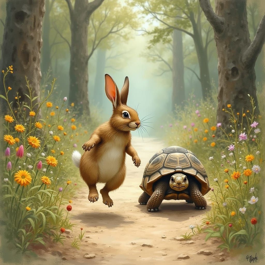 Rabbit and Tortoise Race, Whimsical Illustration - AI Art