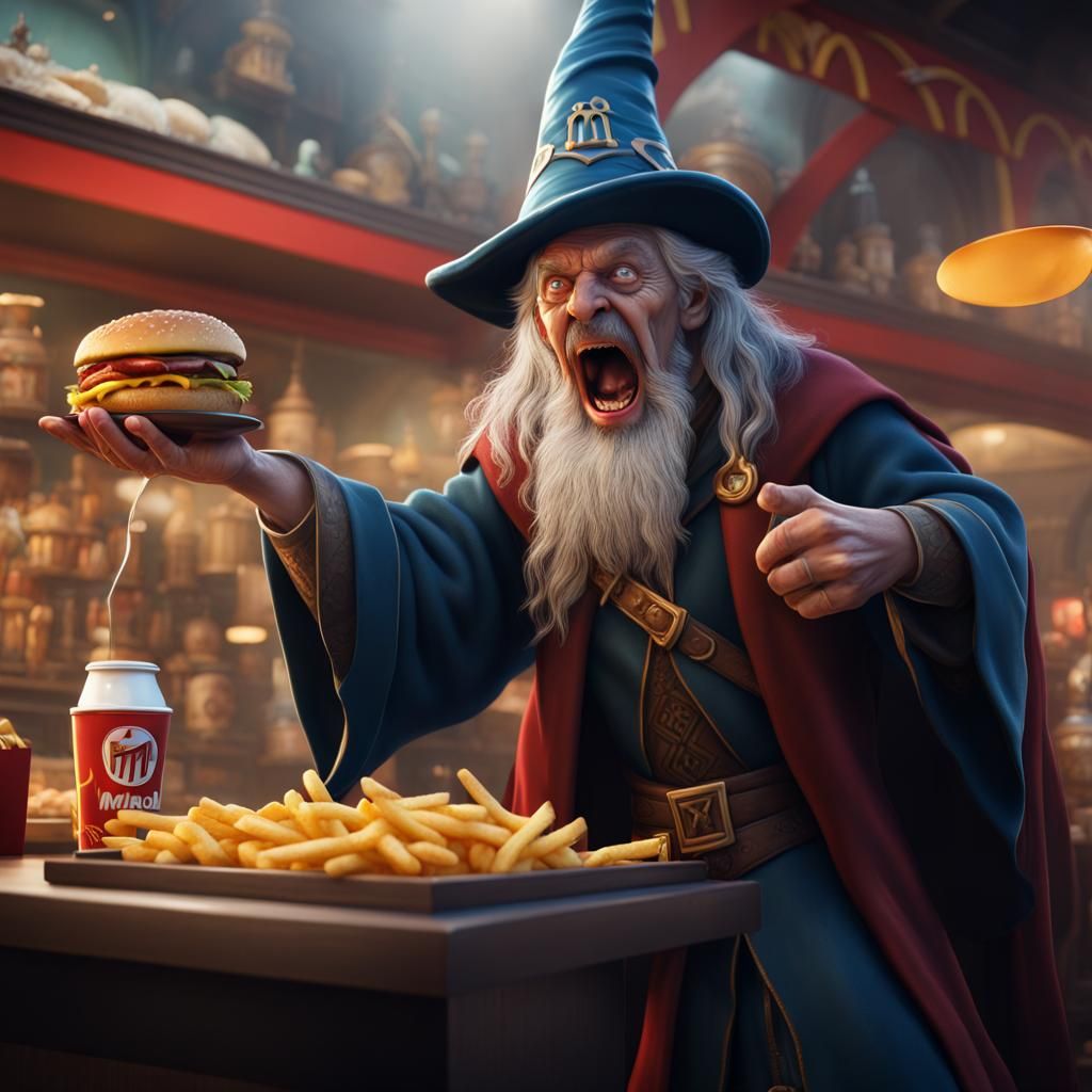 A wizard screaming at a customer of a Wiz-monald's (Wizard McDonald's ...