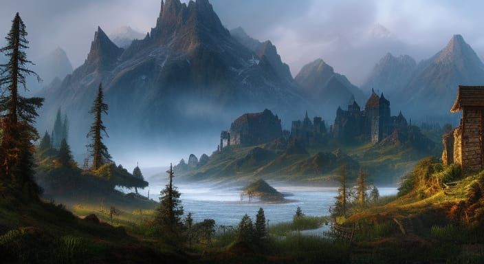 medieval map with mountains, swamps, forests, villages, castles; hand ...