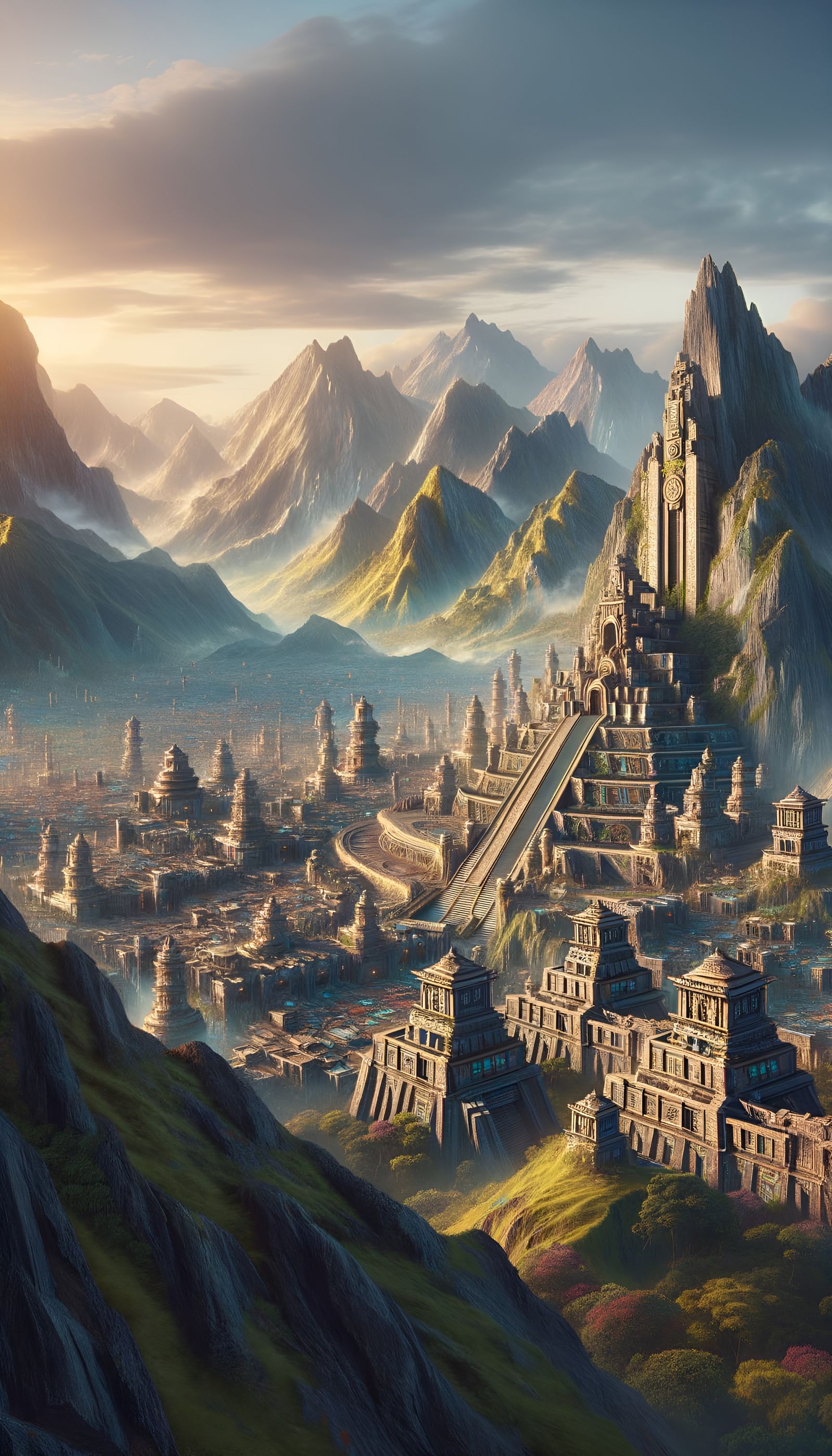 Dwarven town in the valley between mountains done in Aztec style with ziggurat viewed from a ...