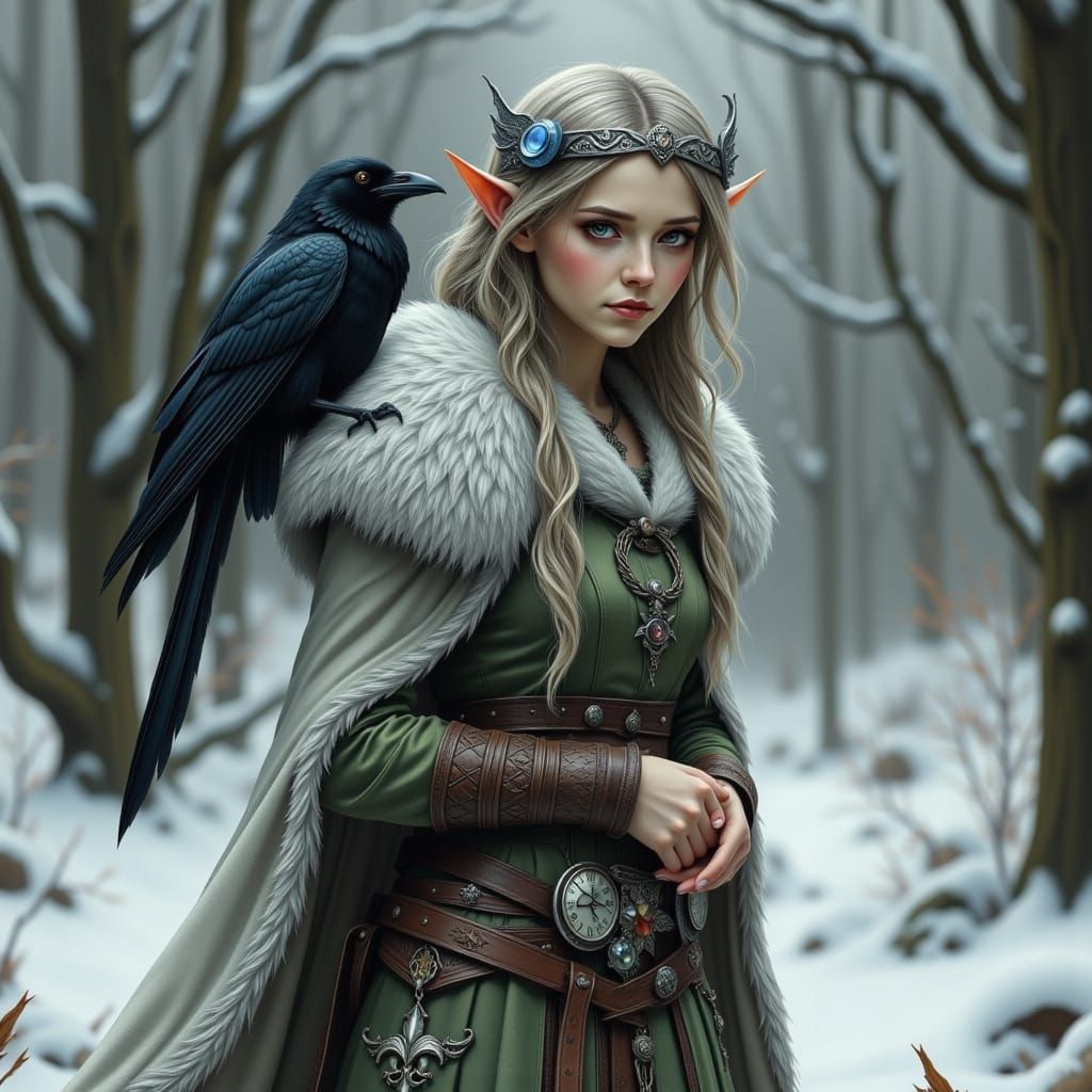 Winter Fairy with Raven Companion, Ethereal Art - AI Art