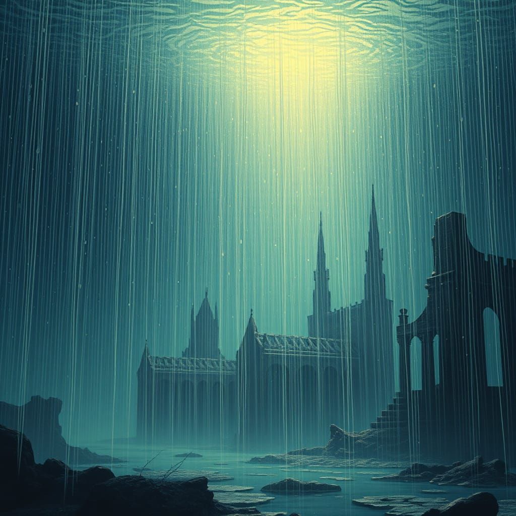 Ethereal Rainfall Illuminates Ancient Underwater M... - AI Art