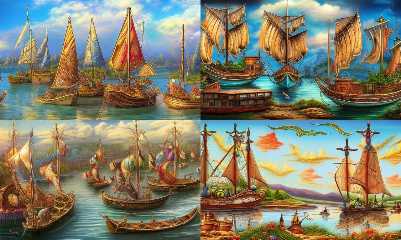 Fleet of small gypsy boats, whimsical fantasy steampunk, flotilla ...