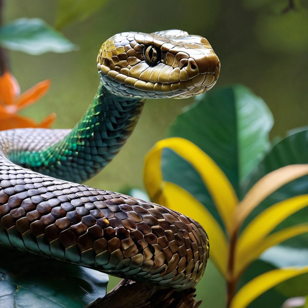 Art by John James Audubon, vibrant naturalistic snake, coiled around a ...