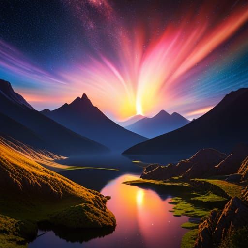 Watching the Sun Setting Over the Mountainside Lake I : r/nightcafe