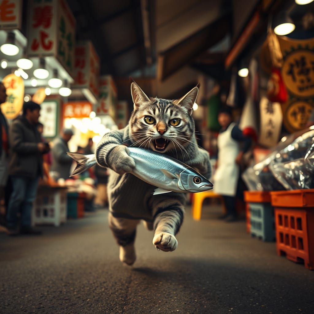 Terrified Cat Steals Fish in Noir Market Chase - AI Art