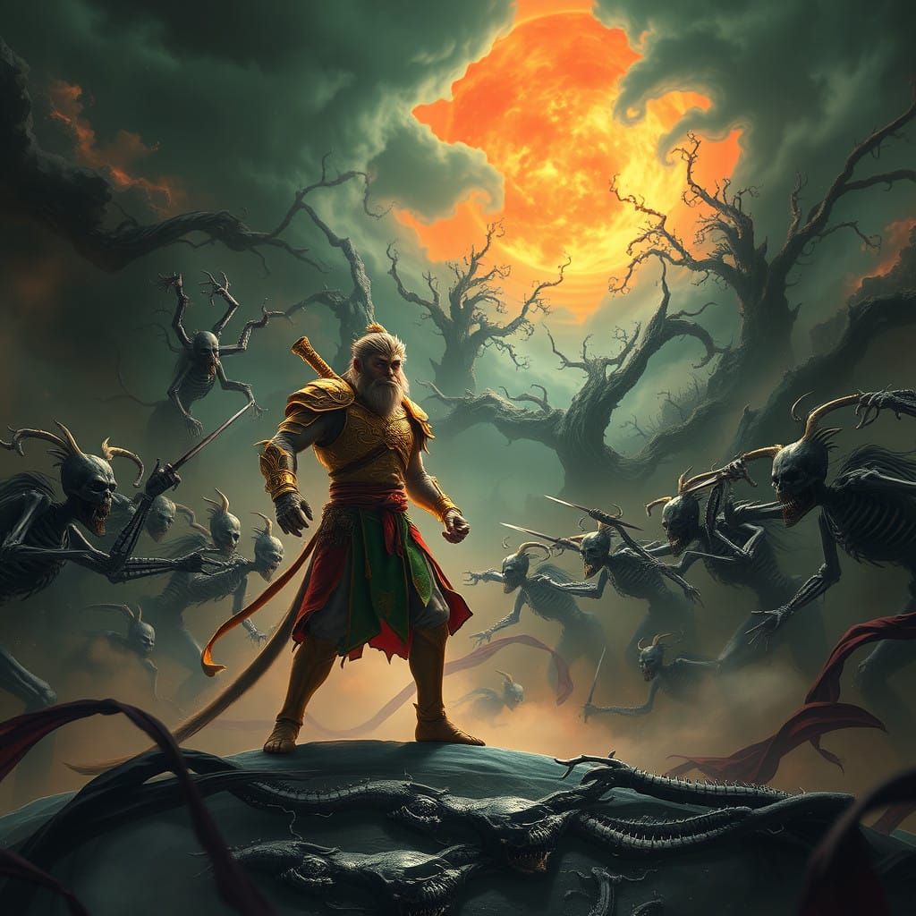 Mythical Monkey King Confronts Undead Hordes in Da... - AI Art