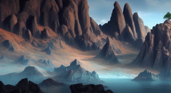 landscape, jagged stones, sharp rocks, central crater, mountains ...