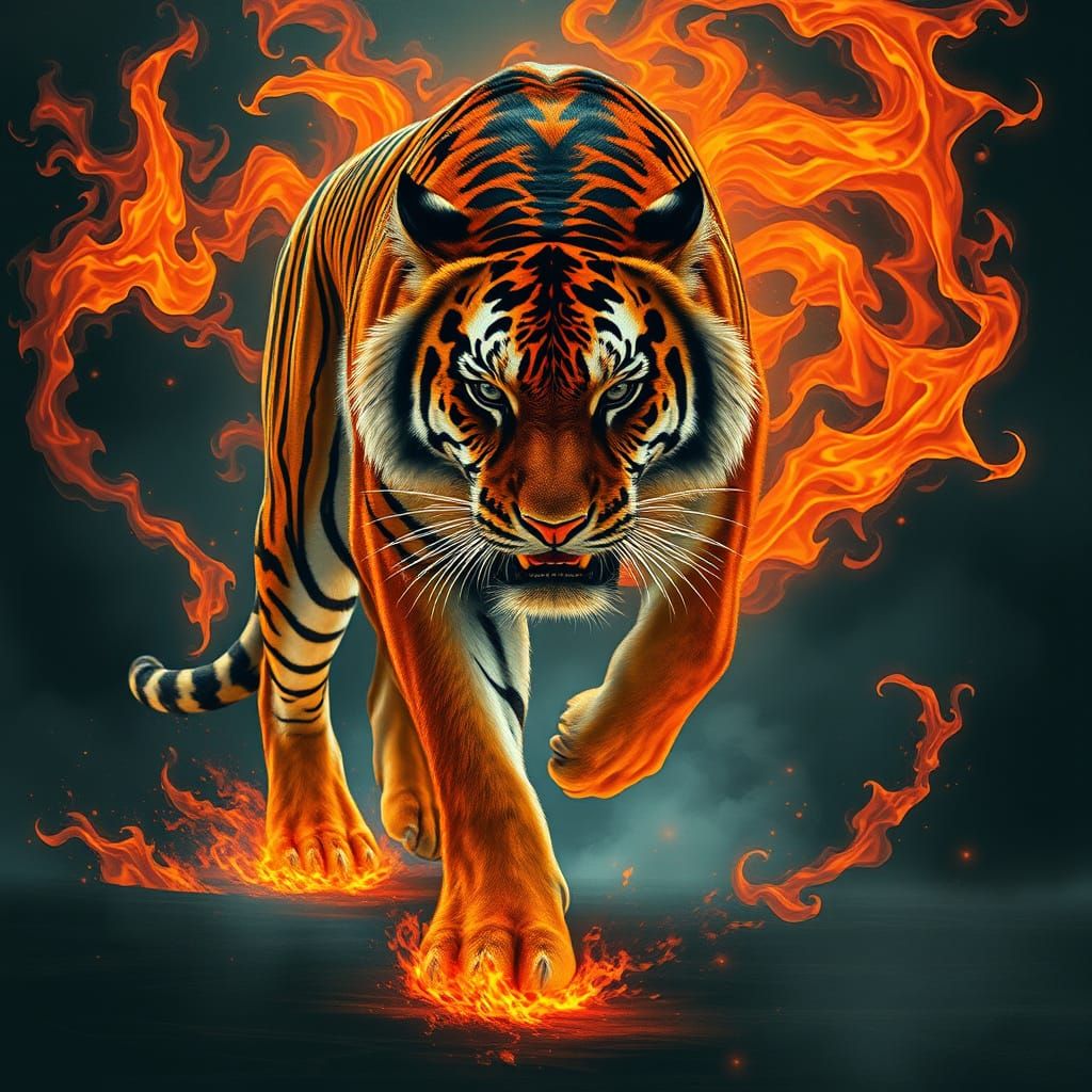 terrifying magical fiery tiger walking towards the... - AI Art