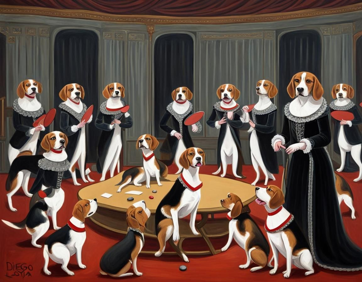 A painting of a beagle singing opera at the theater at the front. In ...