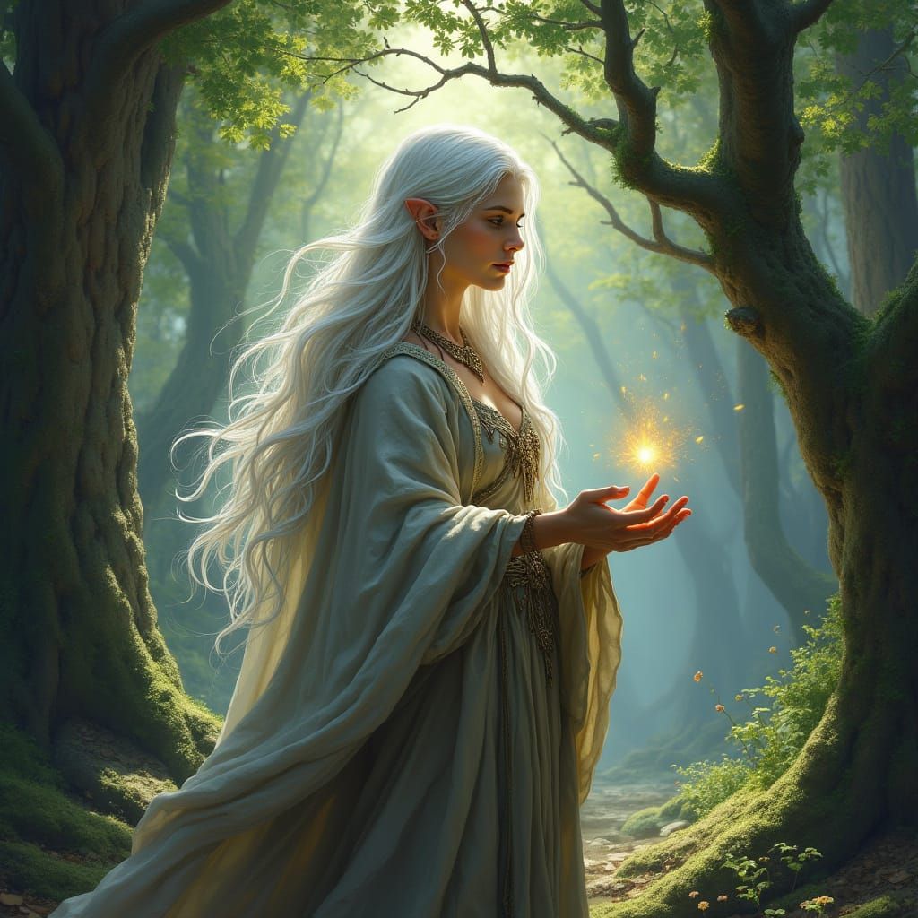 A wise female elven sorcerer casting a spell