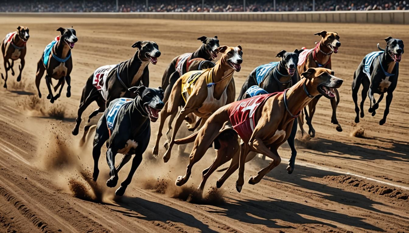 (Side view:1.6) of greyhounds racing on a dirt track in a stadium ...