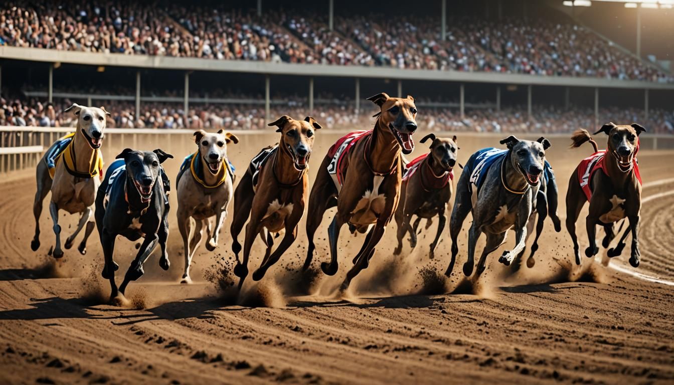 (Side view:1.6) of greyhounds racing on a dirt track in a stadium ...