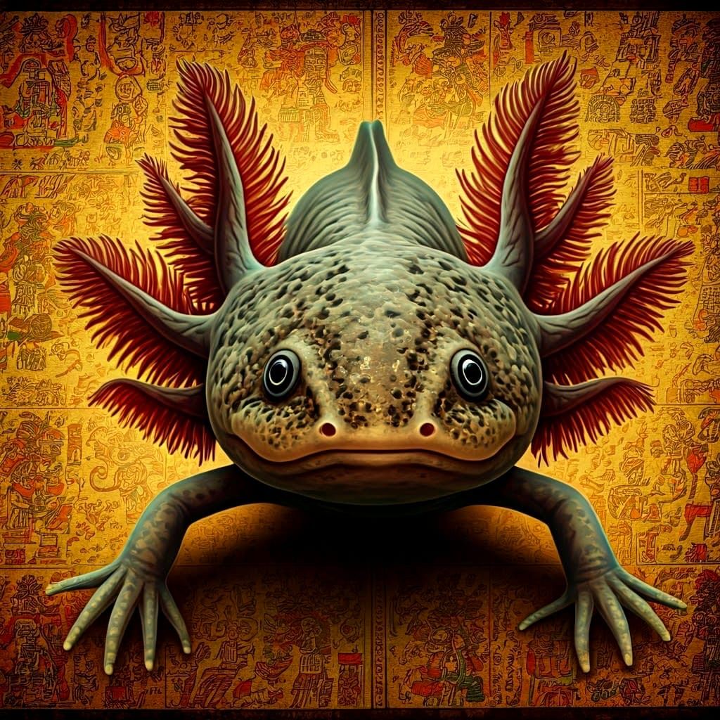 Axolotl on Aztec Background - Surreal Axolotl Confronts Anc...