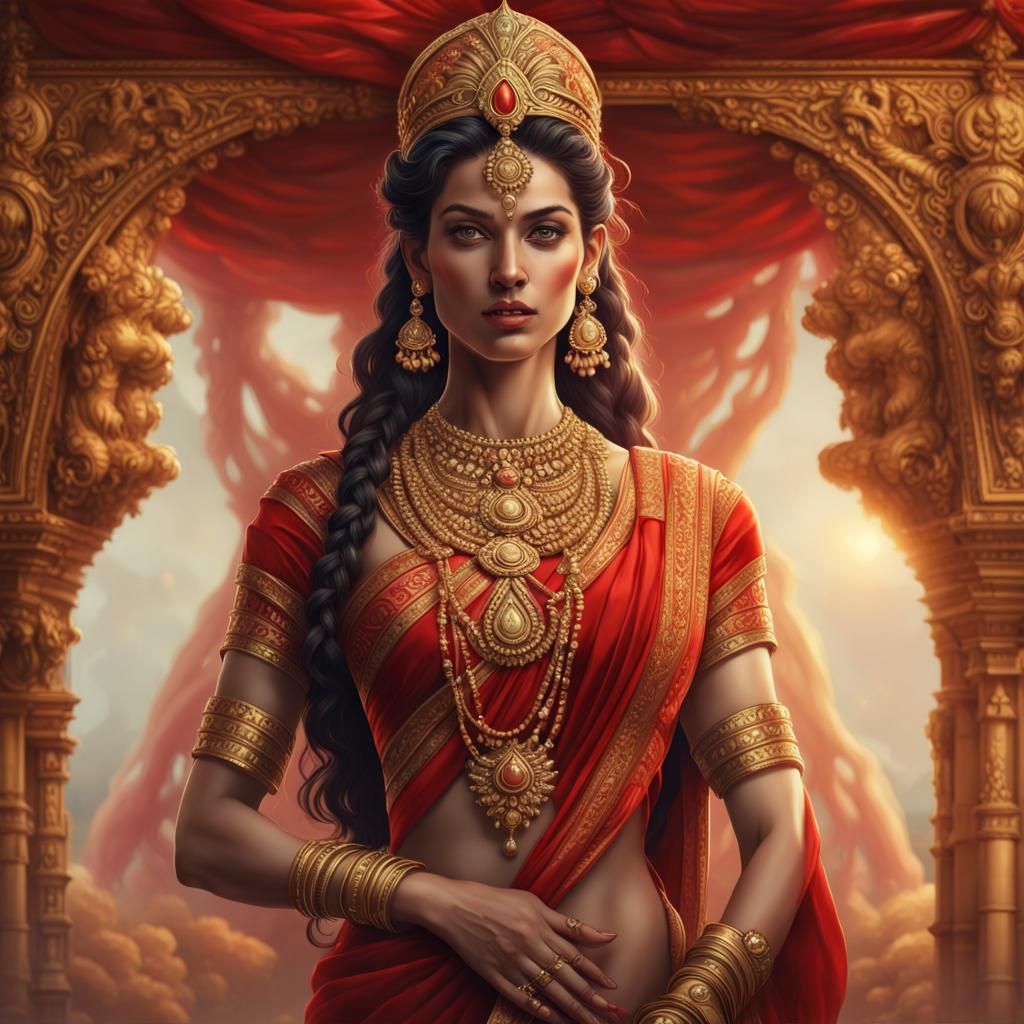 Goddess Parvati, red and golden silk saree, epic royal background, big ...