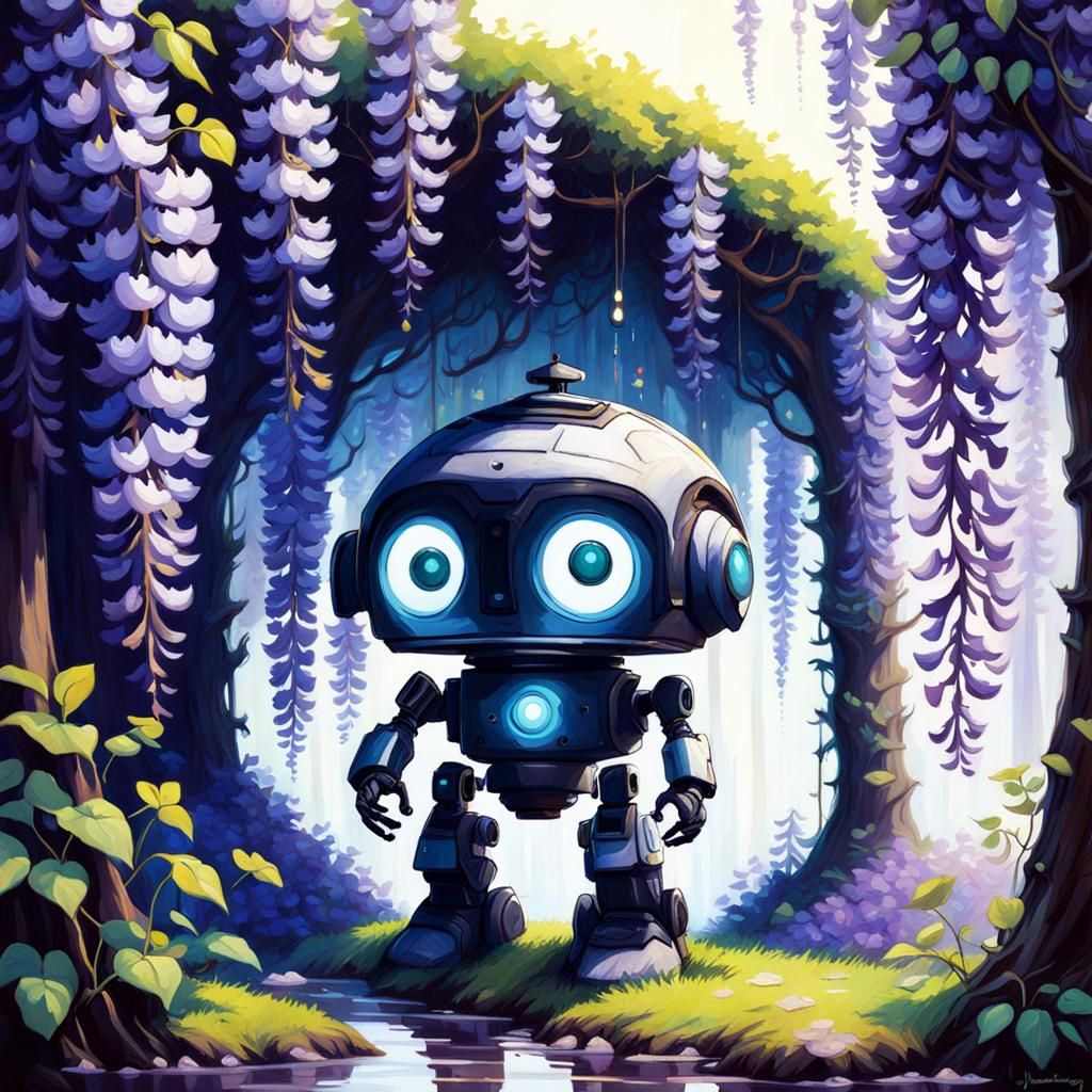 Cute and round chibi robot in a glowing wisteria forest - AI Generated ...