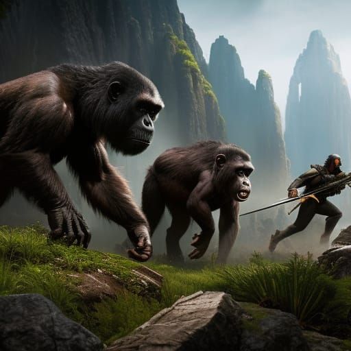 young human running away from a horde of apes in pursuit :: Fast action ...