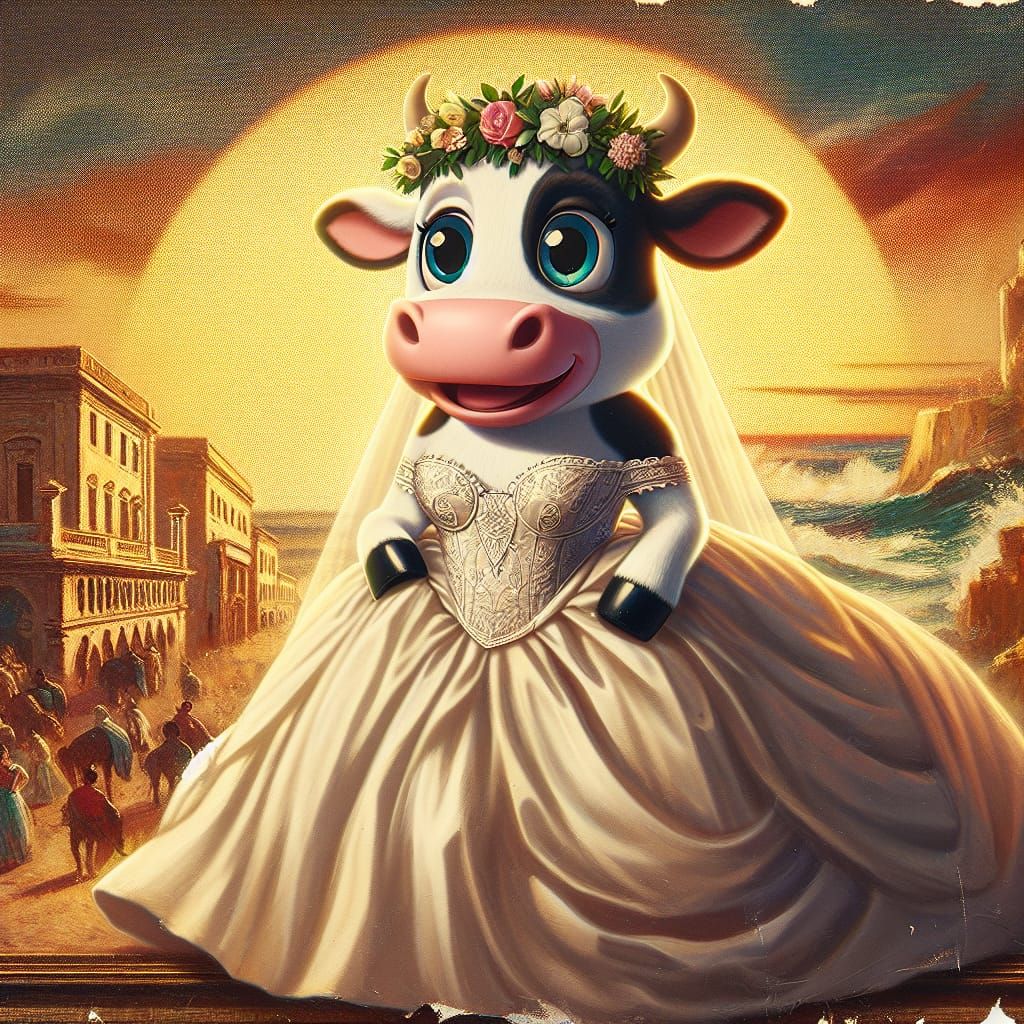 Cow bride - Blushing Cartoony Cow Bride in Vintage Wedding A...