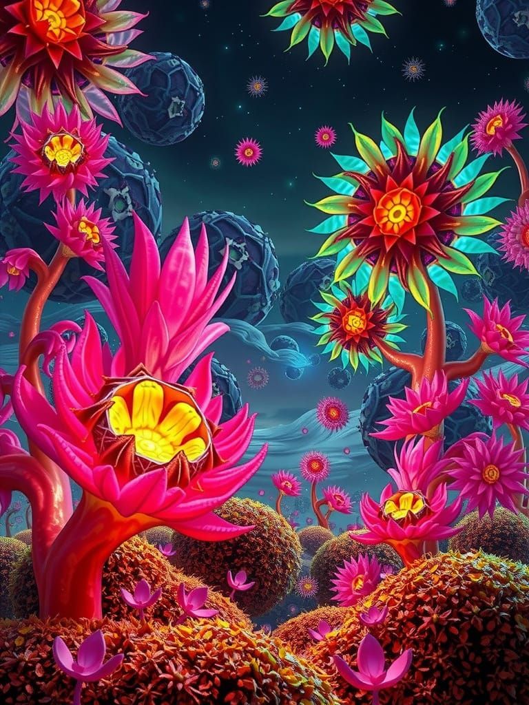 Imagine a hidden garden where plants are made of fractals and geometric ...