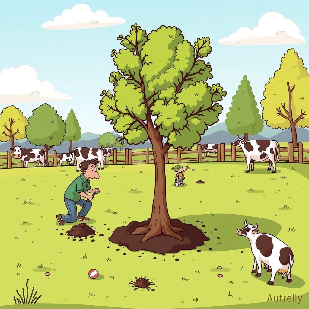 Cartoon of planting trees with farting cows