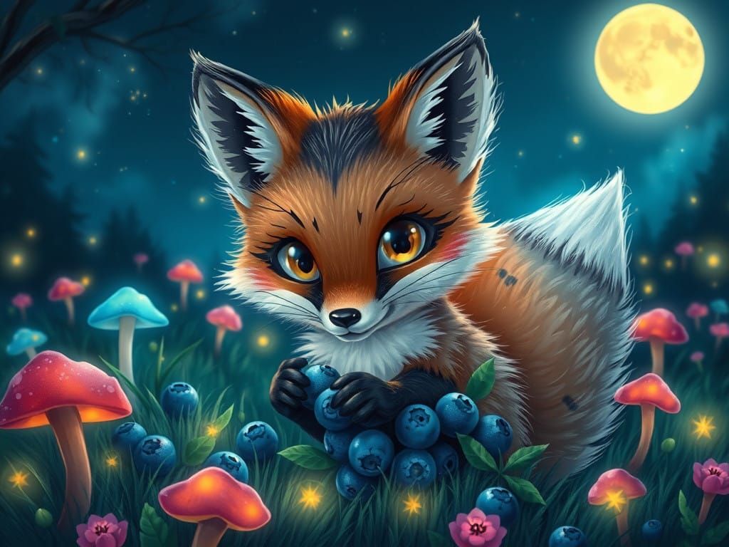 Martina the Foxy Forager Chomps on Blueberries in the Moonlight