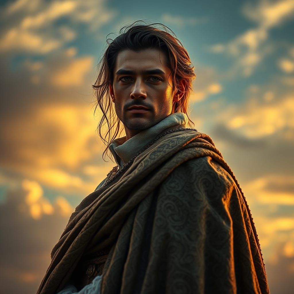 Ethereal Hooman Figure in Regal Attire, Against Mo... - AI Art