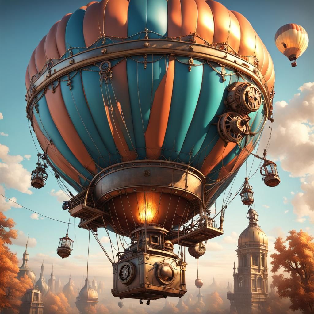 Hot air balloon, metallic design with a steampunk engine airship ...