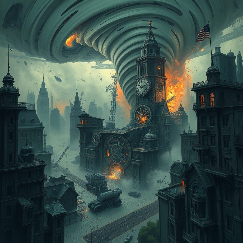 Clockwork Cityscape Devastated by Earthquake and T... - AI Art