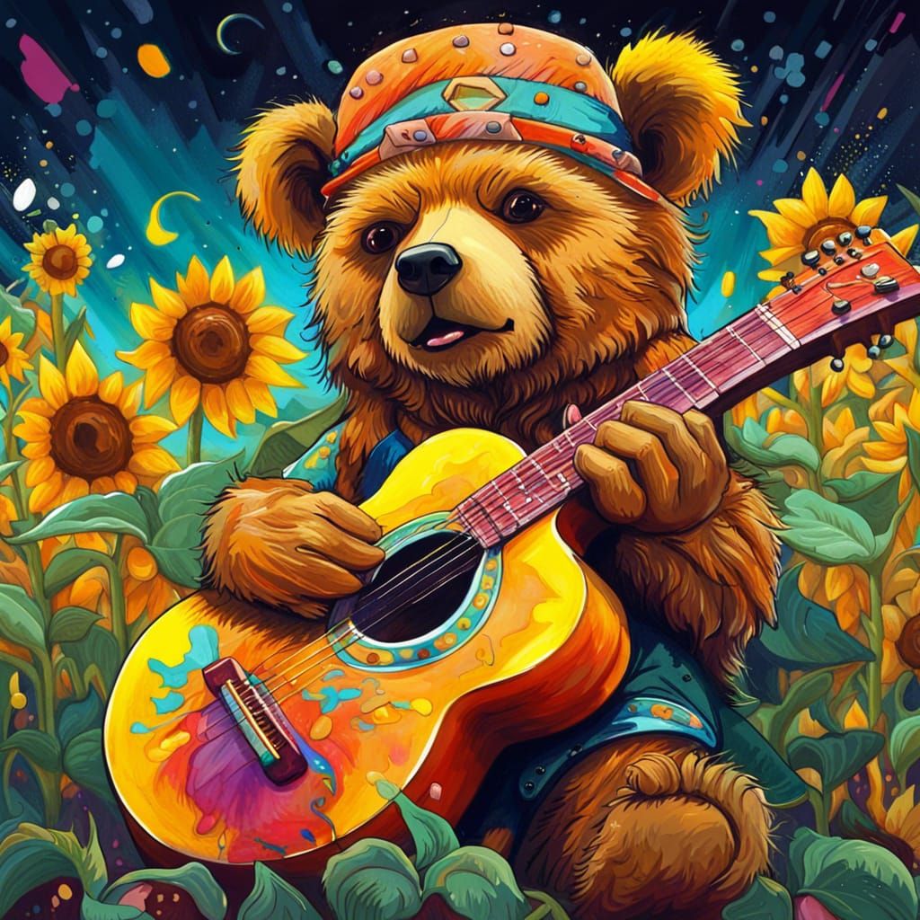 A cute adorable groovy hippie bear playing guitar in a field of Sunflowers graffiti art, splash ...