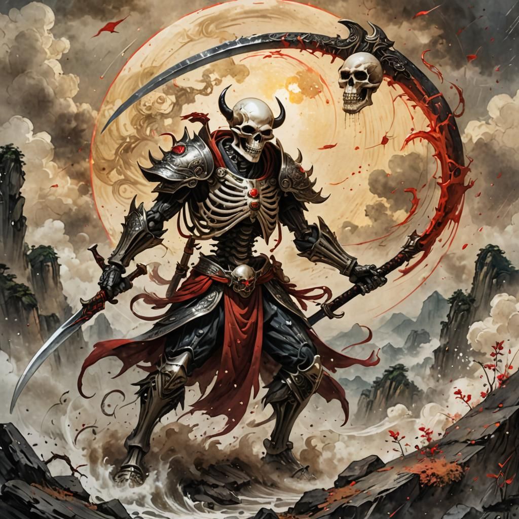 A fearsome and powerful skeleton demon with a splashed scythe(long ...