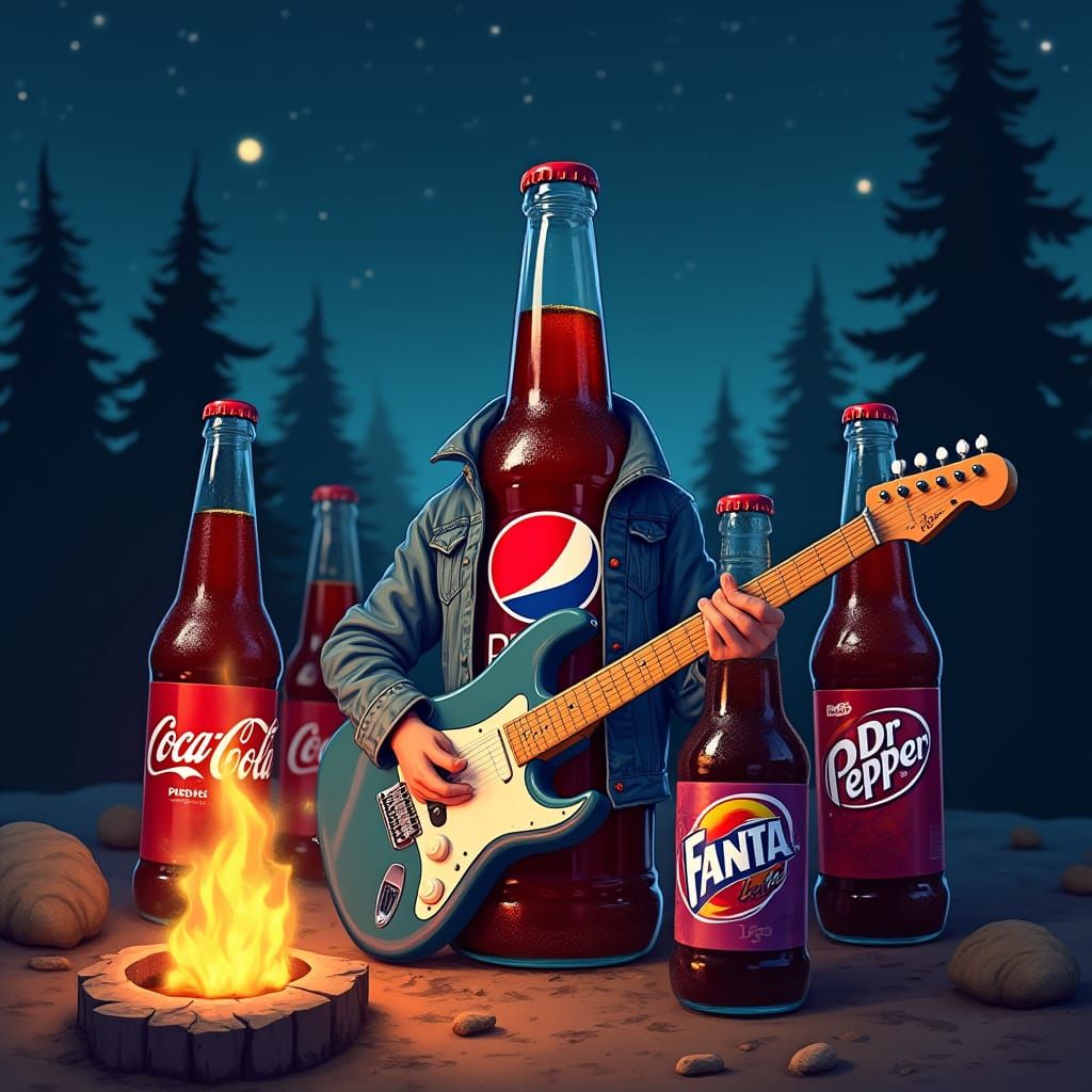 Pepsi Plays Guitar at Soda Campfire - AI Art