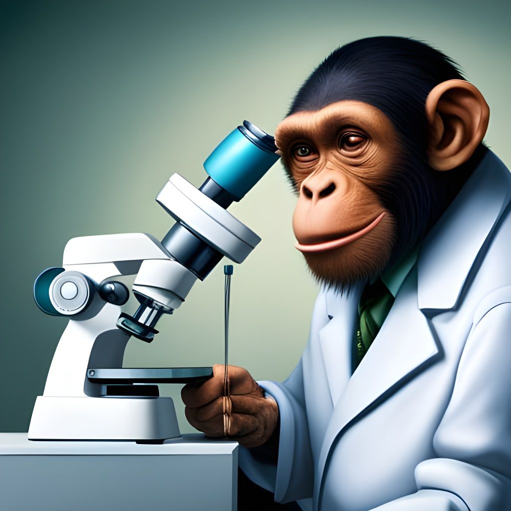 A 3D chimpanzee in a lab coat, peering into a microscope in a high-tech ...