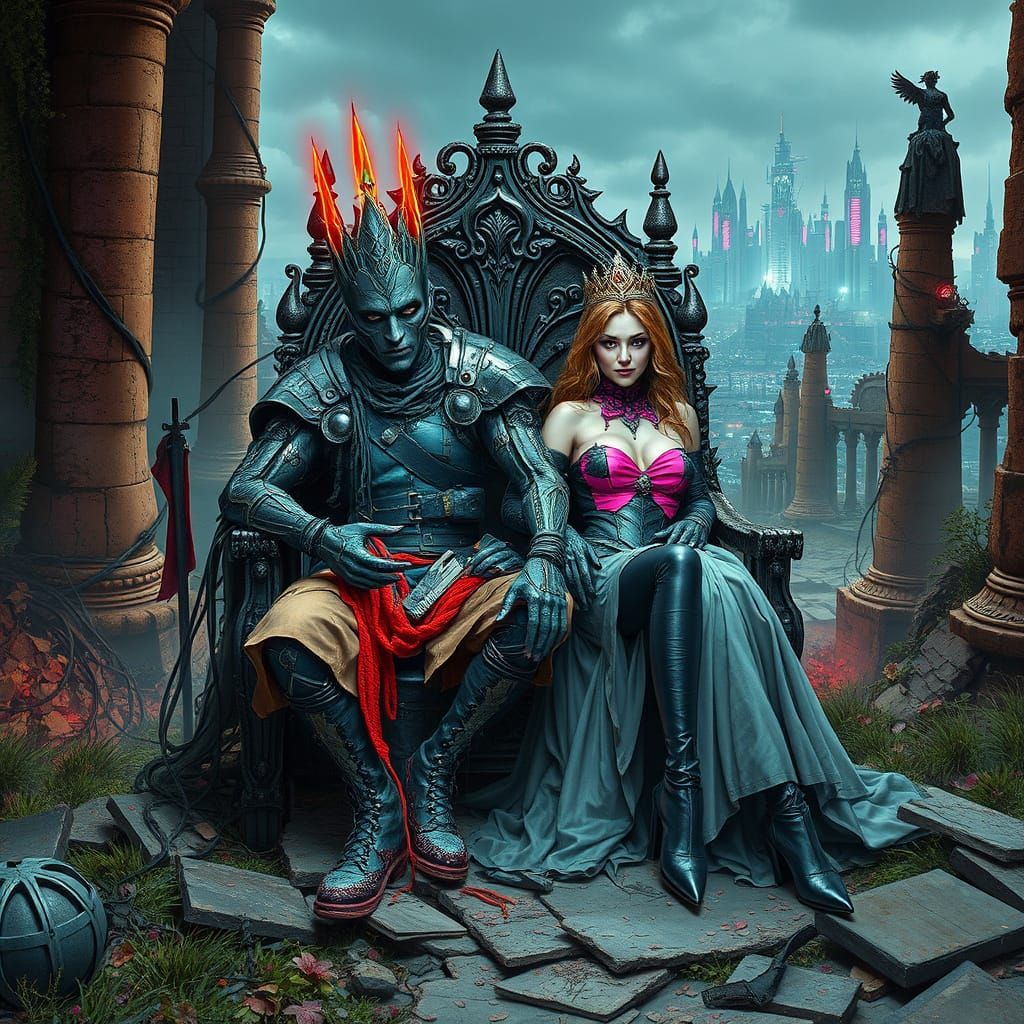 Cyper punk king and queen in a post apocalyptic castle