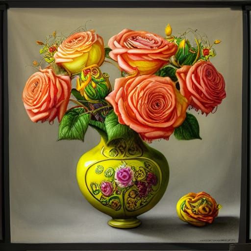 Vibrant Gothic Vase of Hyperrealistic Yellow Roses... - AI Art