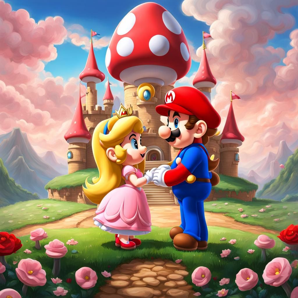 chibi mario kissing chibi princess peach in front of her castle in ...
