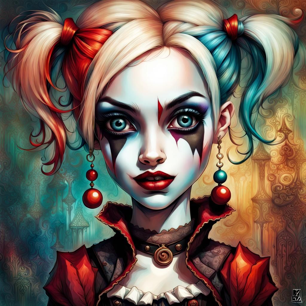 digital art of a big-eyed gothic "harley quinn" by benjamin lacombe and ...