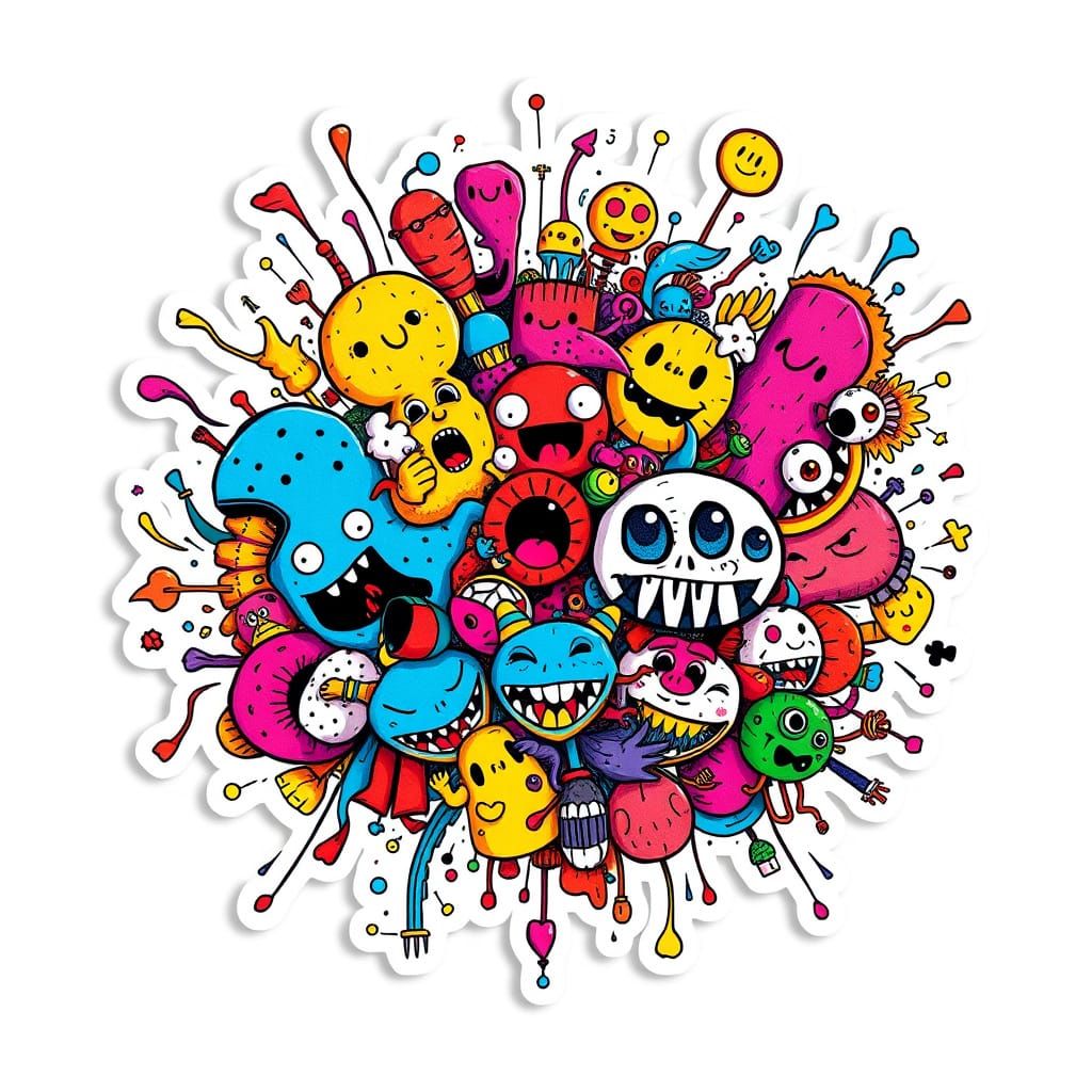 Sticker. Decal. - Vibrant Whimsical Doodle Explosion in Unr...