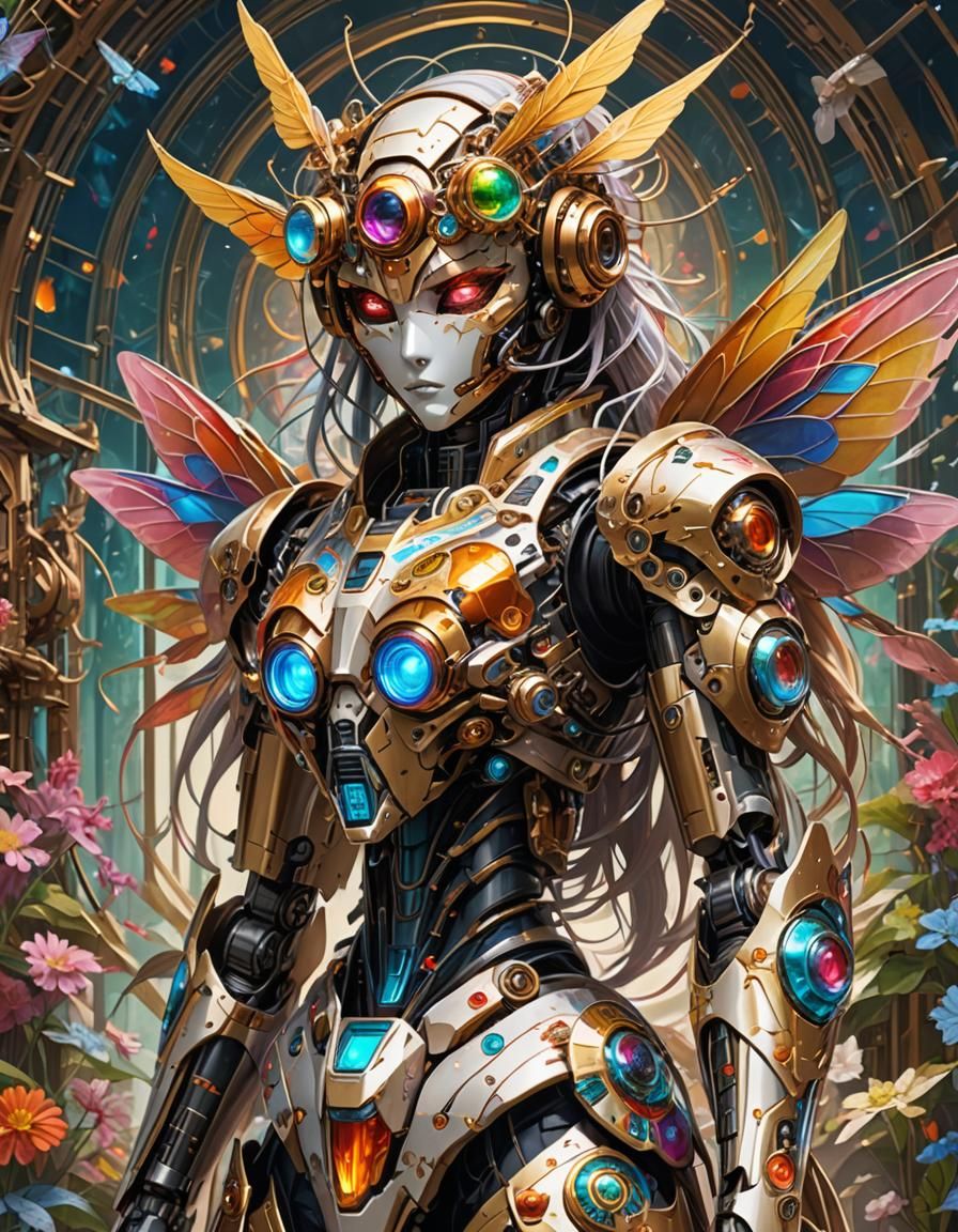 (masked robot magical girl with cyber googles, many dragonfly inspired ...