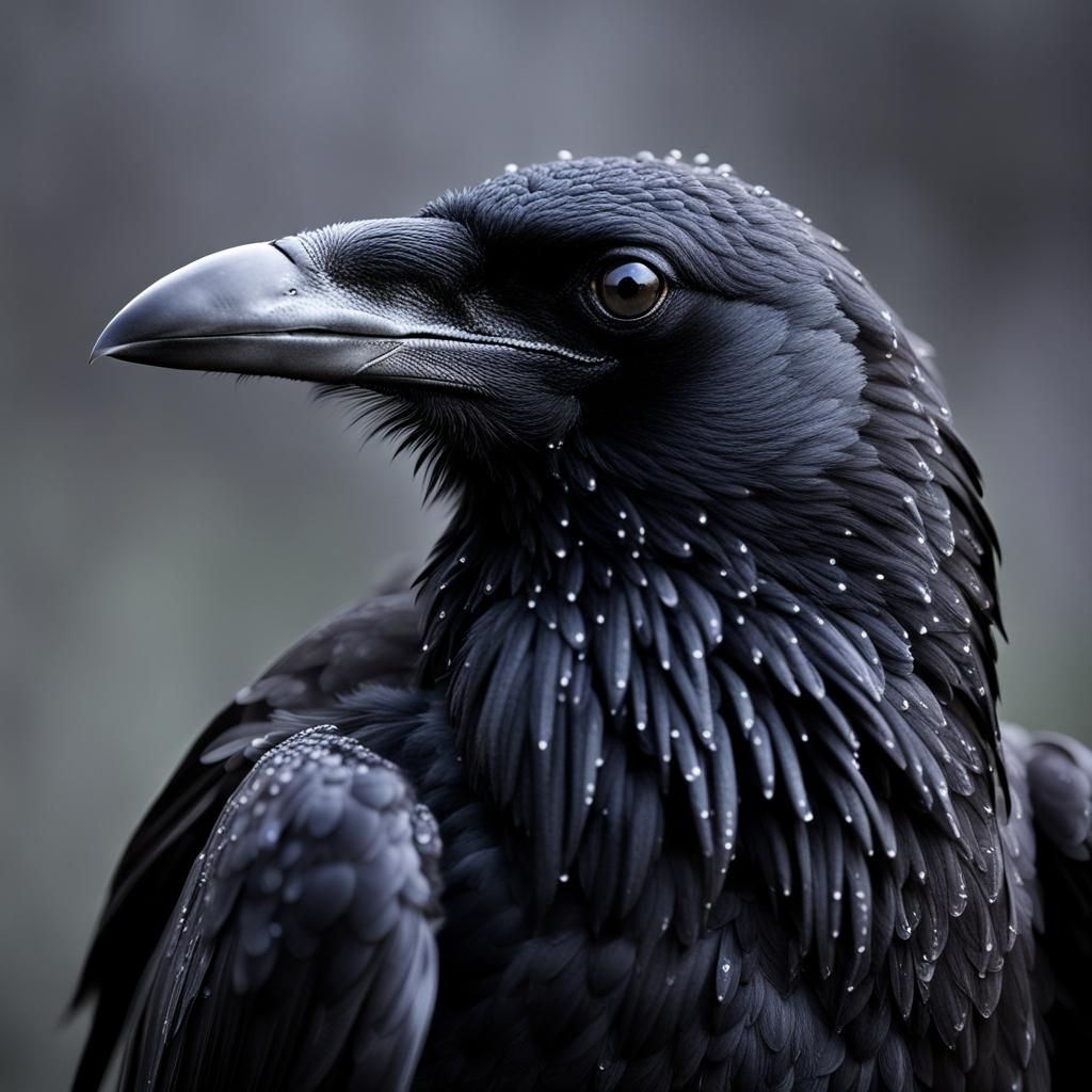 A black raven portrait. Dew drops on the raven. Very vibid and szrong ...
