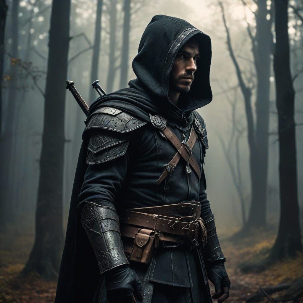 Medieval Assassin in Dark Fantasy Forest - AI Art