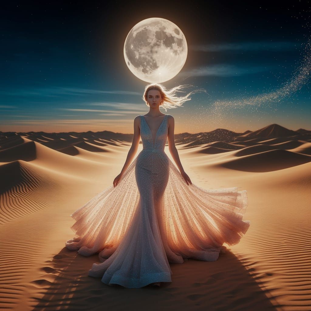 Surreal Desert Goddess Under Moonlit Skies - AI Art