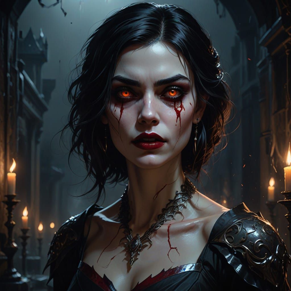 Ethereal Vampire Goddess with Bloody Lips and Razo... - AI Art