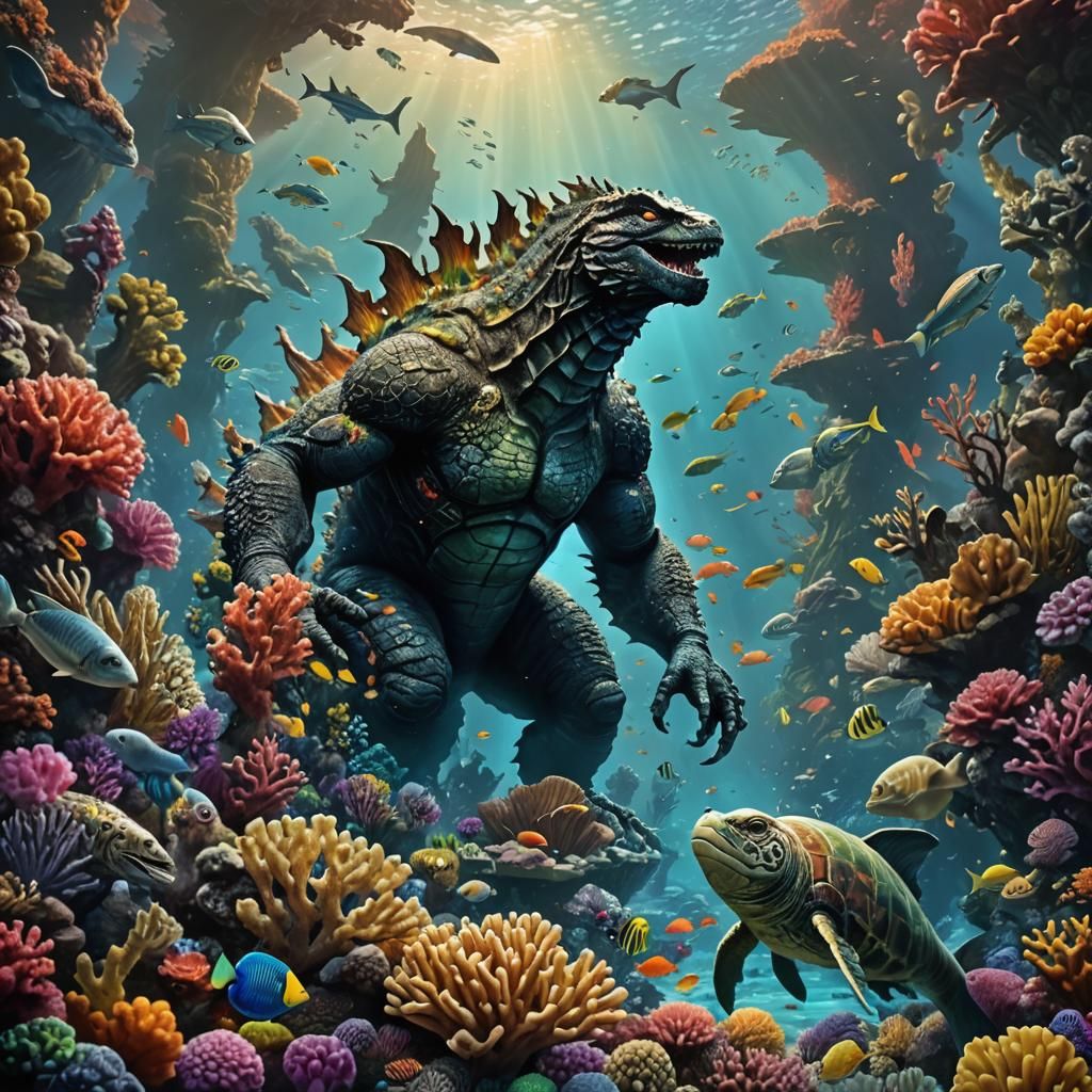 Godzilla swimming among colorful coral reefs - AI Generated Artwork ...